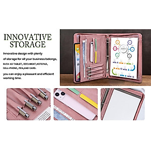 AZXCG Zipper Binder Portfolio for Women, 3 Ring Binders 1 inch, PU Leather Padfolio Folder, Business Portfolio Organizer with A4 Legal Pads, Thin Leather Professional Binder, Gift for Her, Rosegold