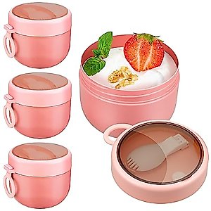Sunnyray Overnight Oats Container with Lids and Spoons 21 oz Plastic Portable Leak Proof Large Capacity Dessert Cups Cereal Yogurt Container for School student Breakfast (Pink)