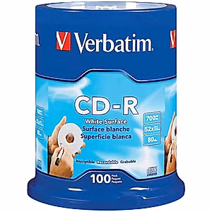 Verbatim CD-R Blank Discs 700MB 80 Minutes 52x Recordable Disc for Data and Music with Blank White Surface - 100 Pack Spindle
