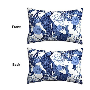 Wozukia Birds and Peonies in Blue Color Throw Pillow Cover Abstract Pattern in Chinoiserie Style with Peacock Lumbar Pillow Case Cushion for Sofa Couch Bed Standard Queen Size 20x30 Inch