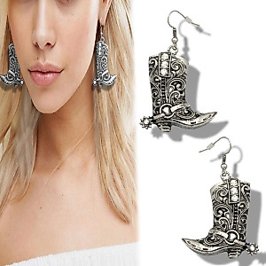 Vintage Silver Western West Cowgirl Texas Boots Spur Dangle Drop Earrings Rodeo Boho Fancy Dress Costume