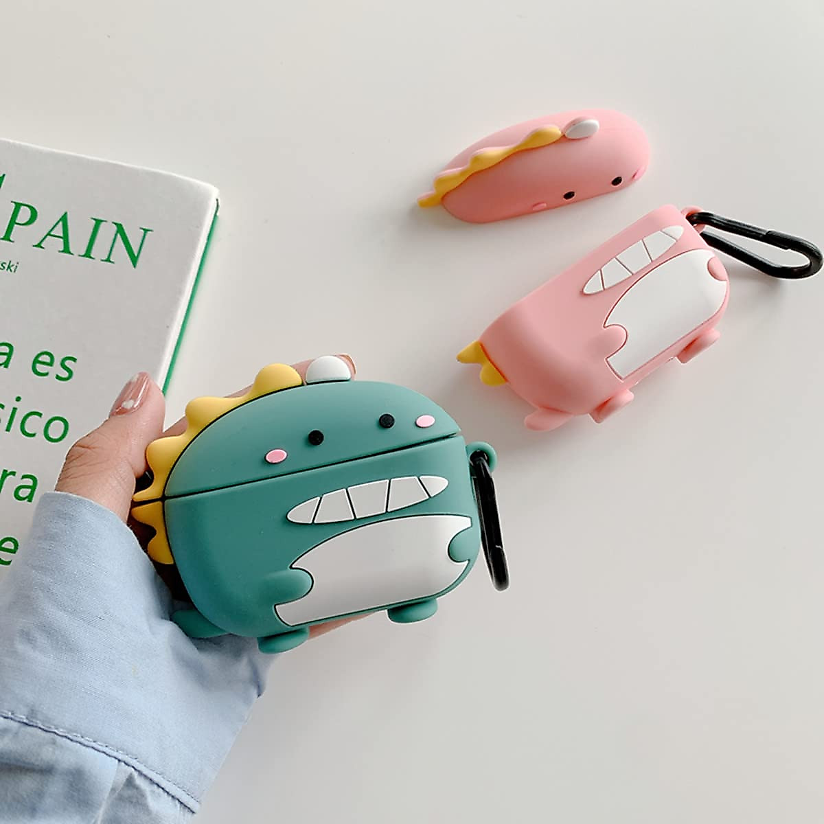 AOLABOKY for Beats Studio Buds+ (2023 Released),3D Cute Cartoons Anime Full Body Earphone Protective Cover with Keychain for Beats Studio Buds Plus (Green Dinosaur)