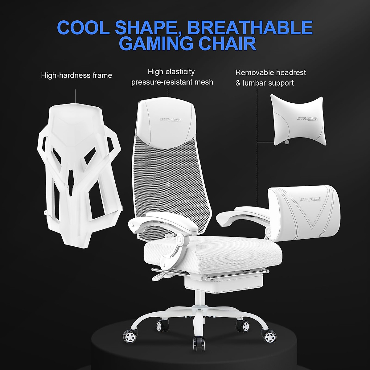 GTRACING Gaming Chair, Computer Chair with Mesh Back, Ergonomic Gaming Chair with Footrest, Reclining Gamer Chair with Adjustable Headrest and Lumbar Support for Gaming and Office (White)