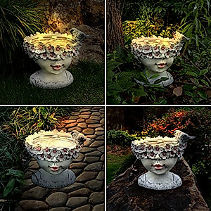 SJC Solar Garden Statues Garden Decor Flower Pot Bird Feeder with Lights,Solar Outdoor Lights,Waterproof Resin Sculpture Garden Decoration for Patio,Lawn,Yard,Home