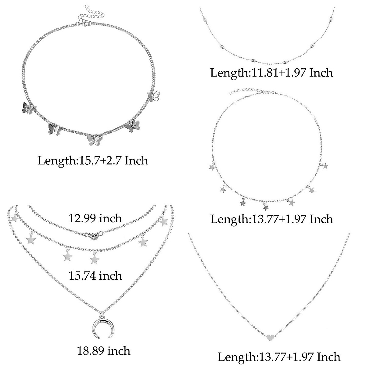 4 Sets Layered Choker Necklace Gold Butterfly Star Moon Heart Pendant Necklace Cute Vsco Multilayer Chain Choker Necklace for women teen girl (Silver 1)
