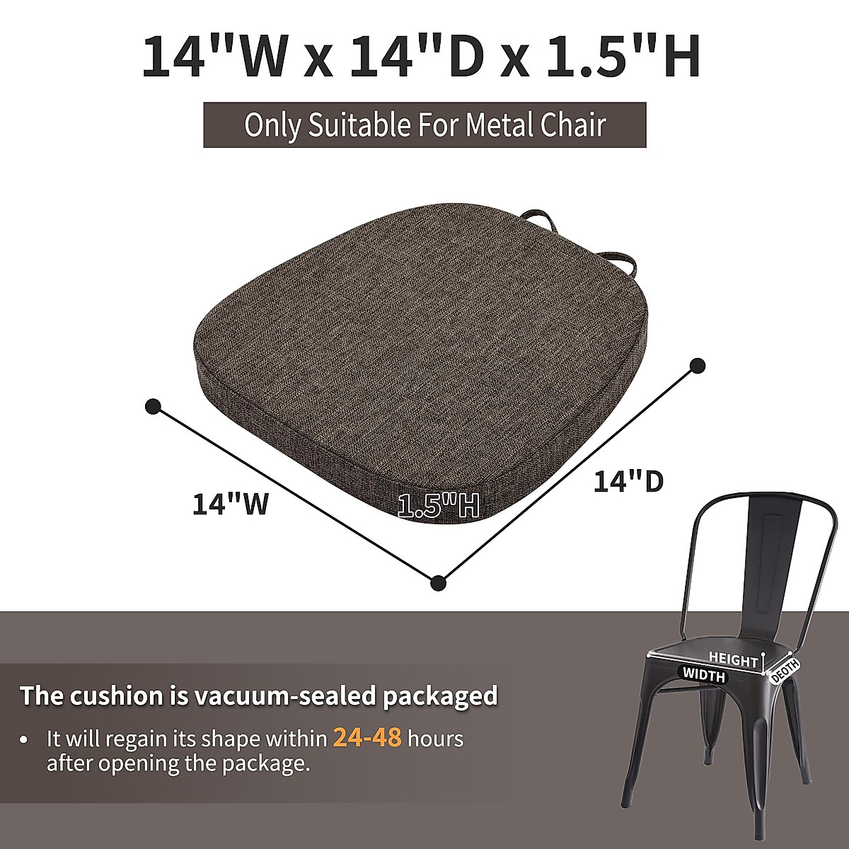 baibu Set of 2 Metal Chair Cushions with Ties, 14In Non-Slip Metal Dining Chair Pads Kitchen Seat Cushion with Machine Washable Cover, 14x14x1.5in, Brown