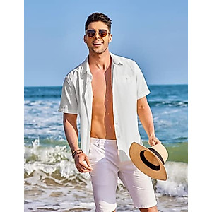 COOFANDY Men's Linen Shirt Lightweight Classic Fit Button Down Shirt Short Sleeve Beach Holiday Shirts with Pocket White