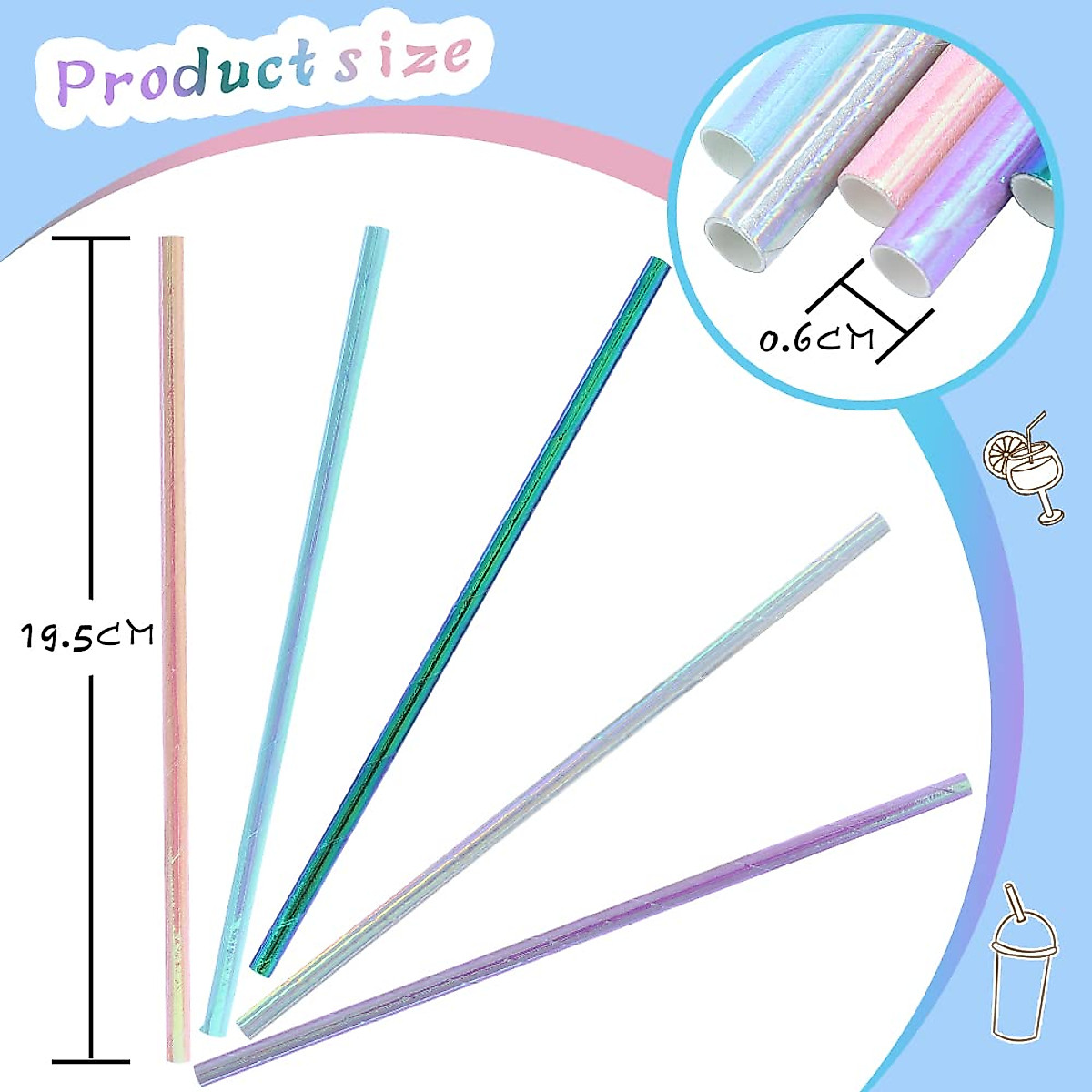 300 Pcs Paper Straws for Drinking Iridescent Party Straws Premium Disposable Drinking Paper Straws for Hawaiian Birthday Wedding Party Decoration