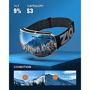ZIONOR X Ski Snowboard Snow Goggles OTG Design for Men Women Adult with Spherical Detachable Lens UV Protection Anti-fog (VLT 9% White Frame Revo Silver Lens)