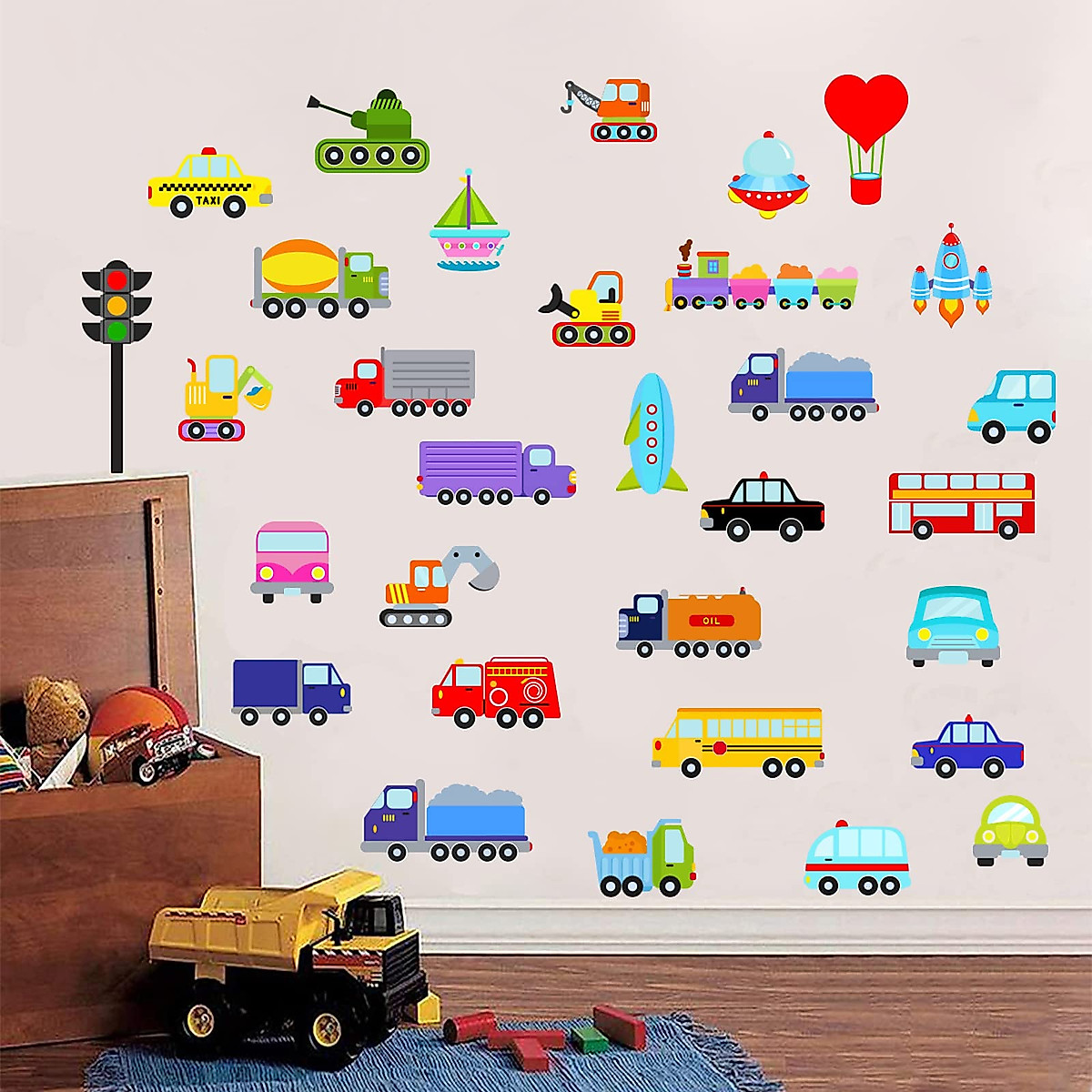 Maydahui Cartoon Cars Wall Stickers Truck Vehicles Wall Decals (35 * 40 Inch) Peel & Stick Removable Construction Transports Decal Decor for Kids Boys Bedroom Nursery Classroom