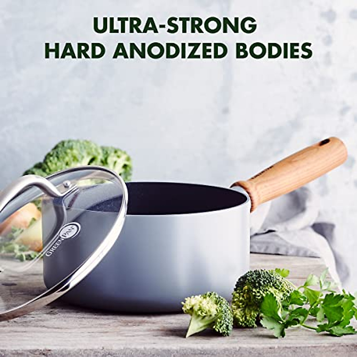 GreenPan Mayflower Pro Hard Anodized Healthy Ceramic Nonstick, 1QT Saucepan Pot, Vintage Wood Handle, PFAS-Free, Induction, Charcoal Gray