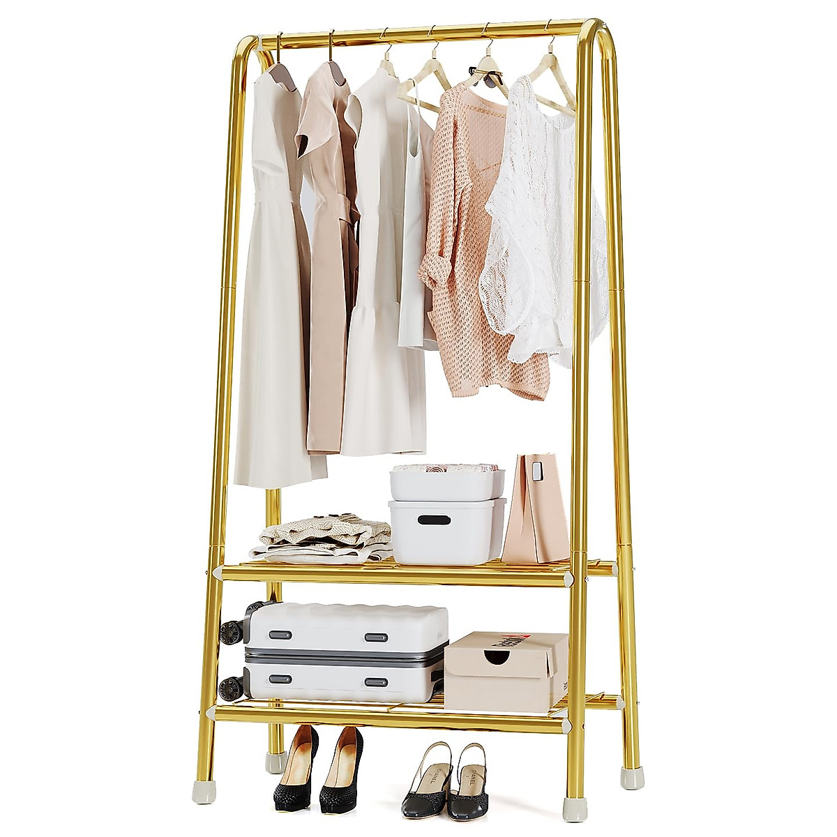 Gold Garment Rack, Metal Clothes Racks, Sturdy Clothing Racks, Premium Wardrobe Rack, Closet Organizers and Storage with Double Layer Shelf for Storing Clothes, Shoes, Bags, 24.4 * 13.8 * 62Inches