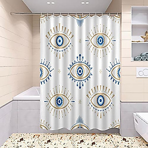Vnurnrn 4PCS Evil Eyes Pattern Shower Curtain Set with Non-Slip Rugs, Toilet Lid Cover and Bath U-Shaped Mat, Bathroom Decor Set Accessories Waterproof Shower Curtain Sets with 12 Hooks