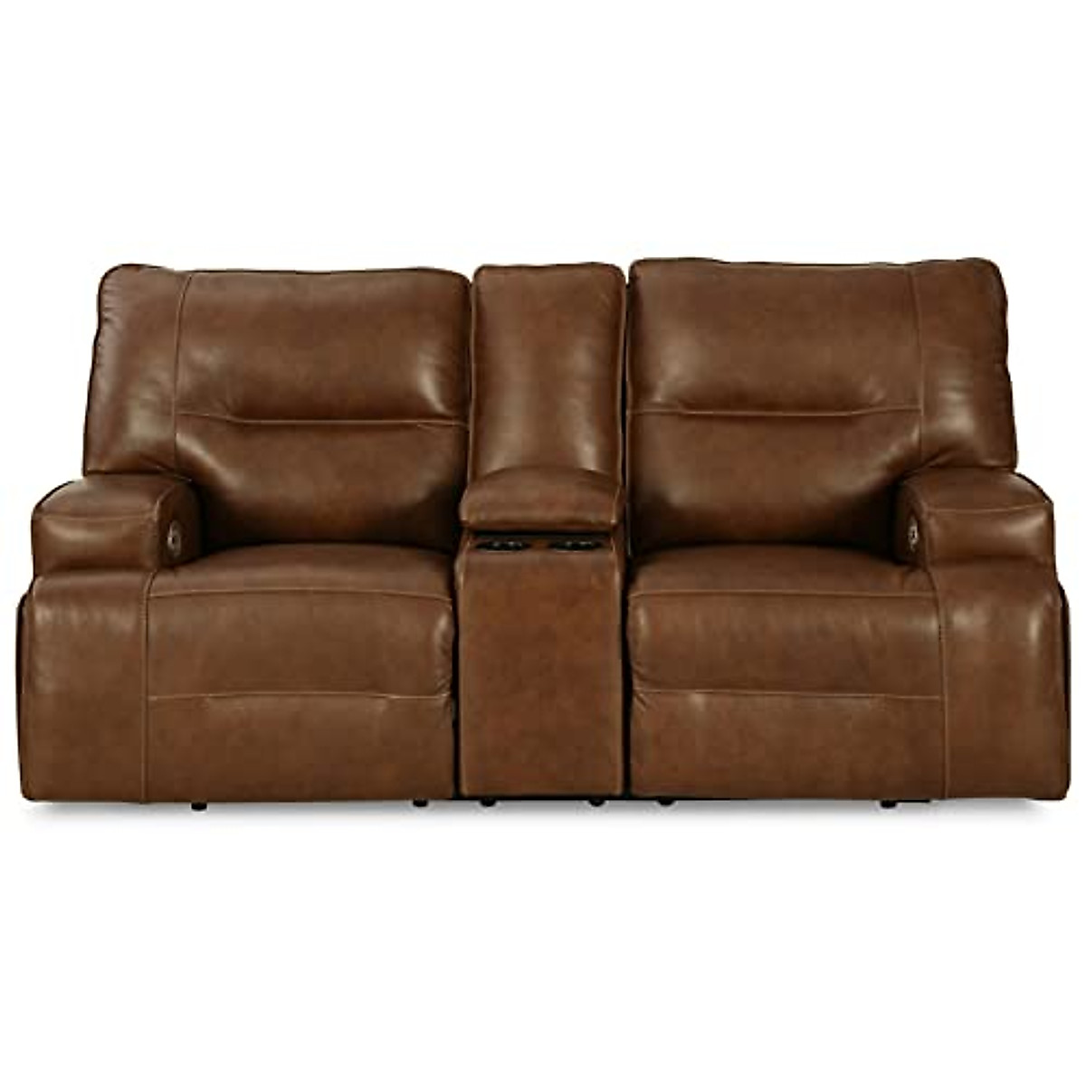 Signature Design by Ashley Francesca Modern Tufted Leather Power Reclining Loveseat with Console and Adjustable Headrest, Dark Brown