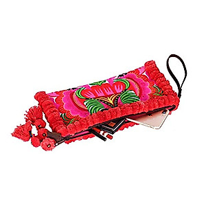 Red Pom Pom Clutch Bag with Embroidered Hmong Tribes Orchid Pattern