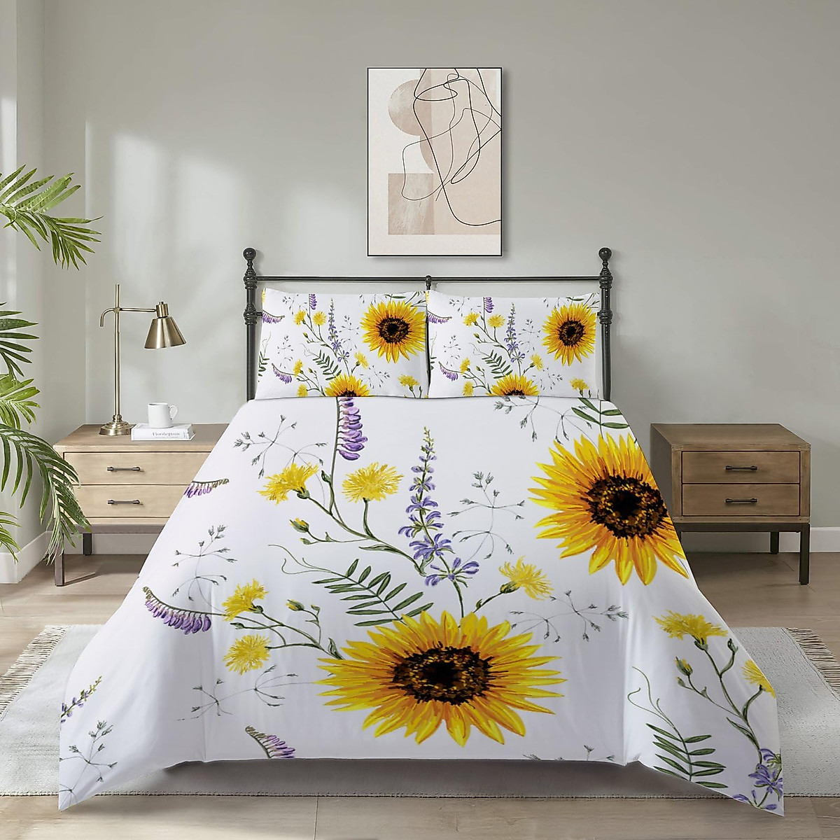 Tokokimo Sunflower Duvet Cover Queen Size White Floral Duvet Cover Set for Women Girl 1 Duvet Cover with 2 Pillowcases, Queen Size