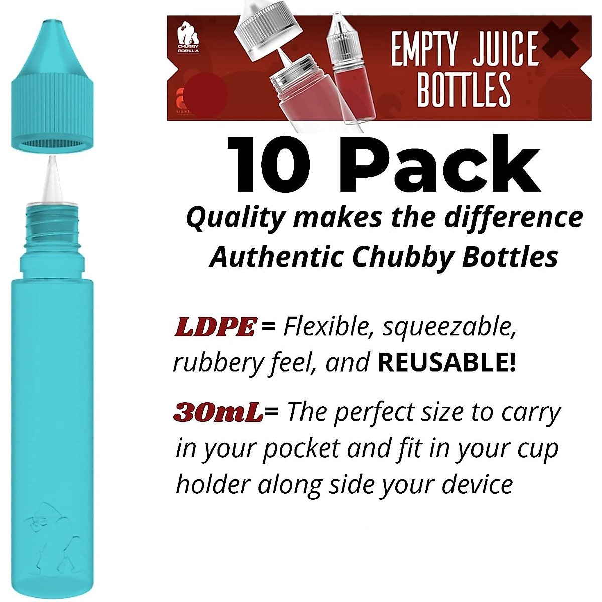 30ml Chubby Gorilla LDPE PET Plastic Unicorn Squeeze Bottle (10 Pack) Dropper bottle (Transparent Blue) REUSABLE, Child Resistant Cap, Easy Drip Tip Applicator Dropper Bottles with Squeeze Dropper