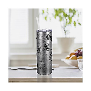 Elanze Designs Bumble Bee Hive Honeycomb Wrap-Around Design 20 Ounce Insulated Stainless Steel Coffee Travel Tumbler Mug Cup, Slide Top Lid & Reusable Straw, Silver Sparkle Glitter