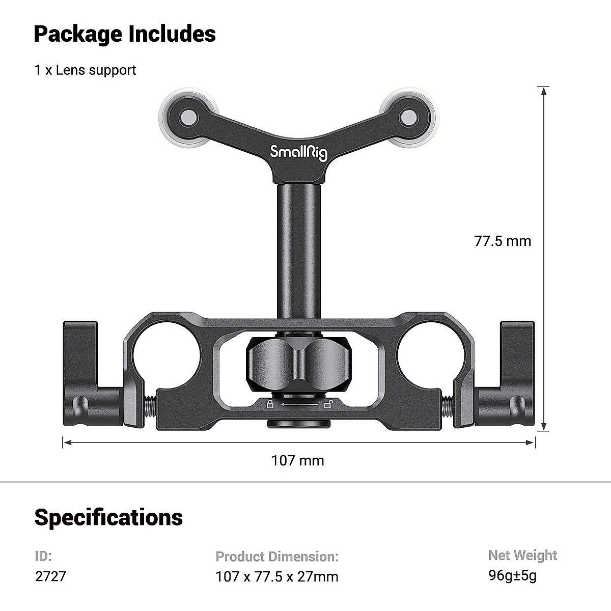 SMALLRIG Universal 15mm LWS Rod Mount Lens Support Bracket Height Adjustable for DSLR Camera Shoulder Rig - 2727