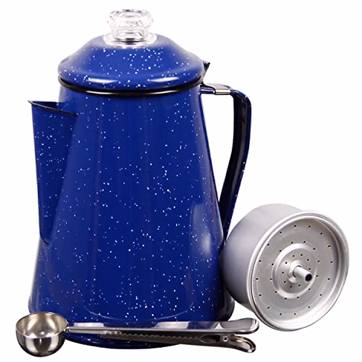 Camping Coffee Percolator - Enamel Coating Gloss Finish And Glass Cap For Backpacking, Campsite, Kitchen And FireCoffee Pot Makes 12 Cups - Comes With Basket For Grounds And Stainless Steel Spoon