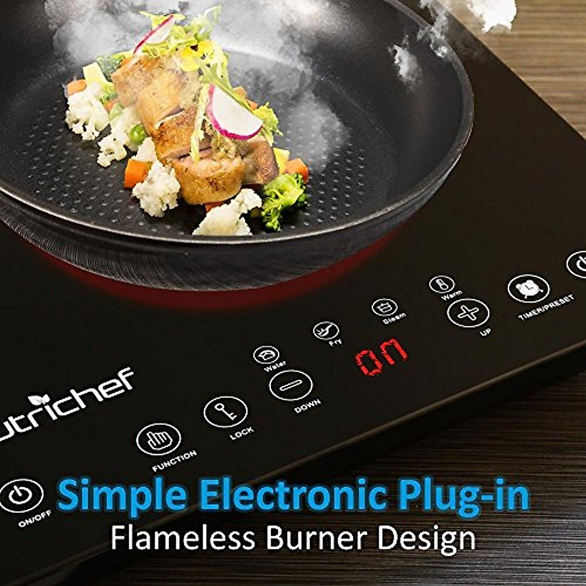 NutriChef Double Induction Cooktop - Portable 120V Digital Ceramic Dual Burner w/ Kids Safety Lock - Works with Flat Cast Iron Pan,1800 Watt,Touch Sensor Control, 12 Controls - PKSTIND48, Black