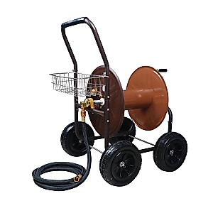 Boersite Stainless Steel Garden Hose Reel Cart Heavy Duty Portable Hose Holder with Basket 4 Solid Wheels Water Hose Storage Cart for Watering Garden/Yard/Lawn/Farm（Wood Grain Color）
