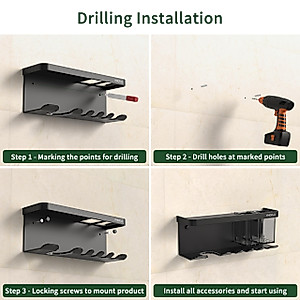 YIHOFLO Hair Dryer Holder Wall Mounted Adhesive/Drilling, Hair Dryer Storage Organizer with Shelf & Hooks. Hair Dryer Rack for Bathroom, Blow Dryer Holder, Hair Tool Organizer (Black)