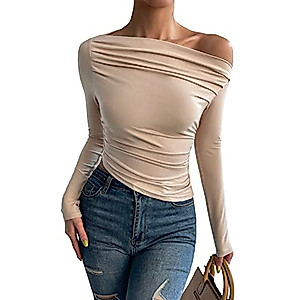 Floerns Women's Asymmetrical Neck Long Sleeve Ruched Solid Crop Top Tee Shirt Apricot M