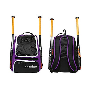 Athletico Baseball Bat Bag - Backpack for Baseball, T-Ball & Softball Equipment & Gear for Youth and Adults | Holds Bat, Helmet, Glove, & Shoes |Shoe Compartment & Fence Hook (Purple)