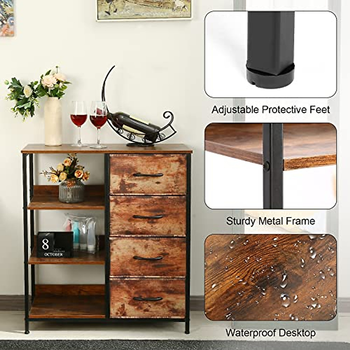 Vasfarok Nightstand End Table with Fabric Storage Drawer and Open Wood Shelf, Bedside Furniture with Steel Frame, Side Table for Bedroom, Dorm, Easy Assembly