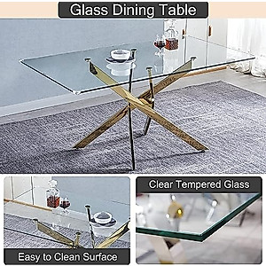 Goderfuu 51 inch Glass Dining Table Set for 4, Modern Dining Room Table with Gold Stainless Steel Base, Contemporary Tempered Glass Rectangle Dining Table, Kitchen Dining Room Tables Dinner Table