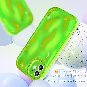 Fingic Designed for iPhone 12 Case,iPhone 12 Phone Case [with 1*Screen Protector][Water Ripple Shape Sparkly]Camera Lens Protection Thin Antislip 360° Protective Cover for iPhone 12(Fluorescent Green)