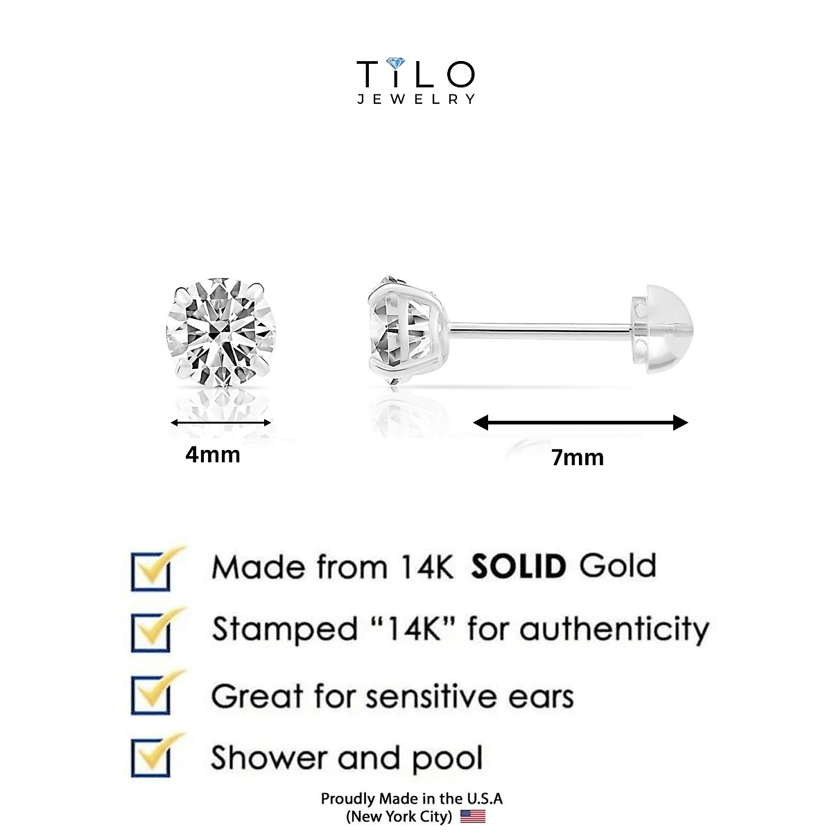 14k White Gold Solitaire Round Cubic Zirconia Stud Earrings with Silicone Pushbacks (4mm)…