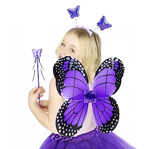 WILDPARTY Girl Fairy Costume Set with Butterfly Wings, Tutu, Magic Wand, Headband and Veil Costume Set for 3-8 Years Girl Dress up and Birthday Party Ballet Dance (Spotty Purple)