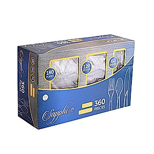 Party Bargains Disposable Cutlery set, SAPPHIRE Design, Clear Color, 360 Pieces: 180 Forks, 120 Spoons, 60 Knives