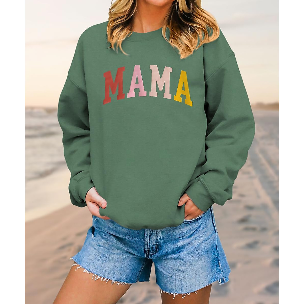 KEKEMI Mama Sweatshirt For Women Crewneck Mama Letter Print Pullover Tops Long Sleeve Mom Life Shirts Casual MAMA Graphic Top（Green-05,Small
