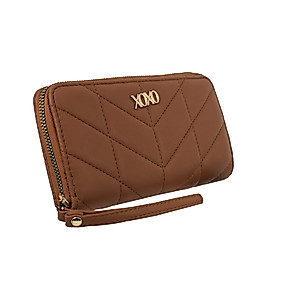 XOXO Women’s Wallet Cognac Vegan Leather Quilted Pattern Single Zip Around Clutch With Wristlet, XW321355G-42-A17