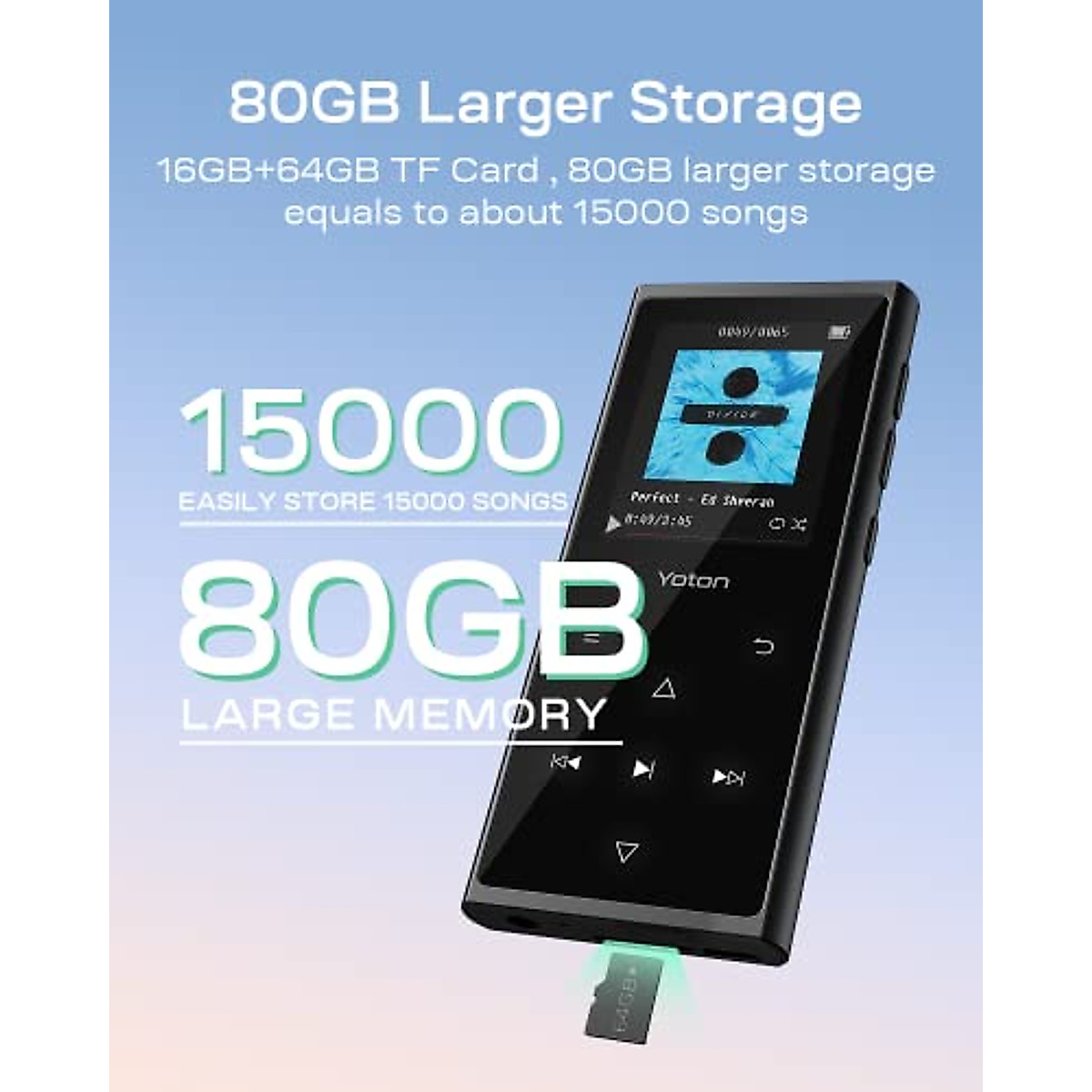 80GB MP3 Player with Bluetooth, YOTON Music Player with Speaker and 1.8'' Curved Screen, HiFi Sound, FM Radio, Voice Recorder, E-Book, Pedometer, Stopwatch, TF Card and Earphones Included