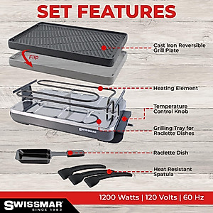 Swissmar Classic 8-Person Raclette Party Grill - Indoor Electric Grill & Griller with Reversible Cast Iron Grill Plate/Crepe Top - Anthracite Black