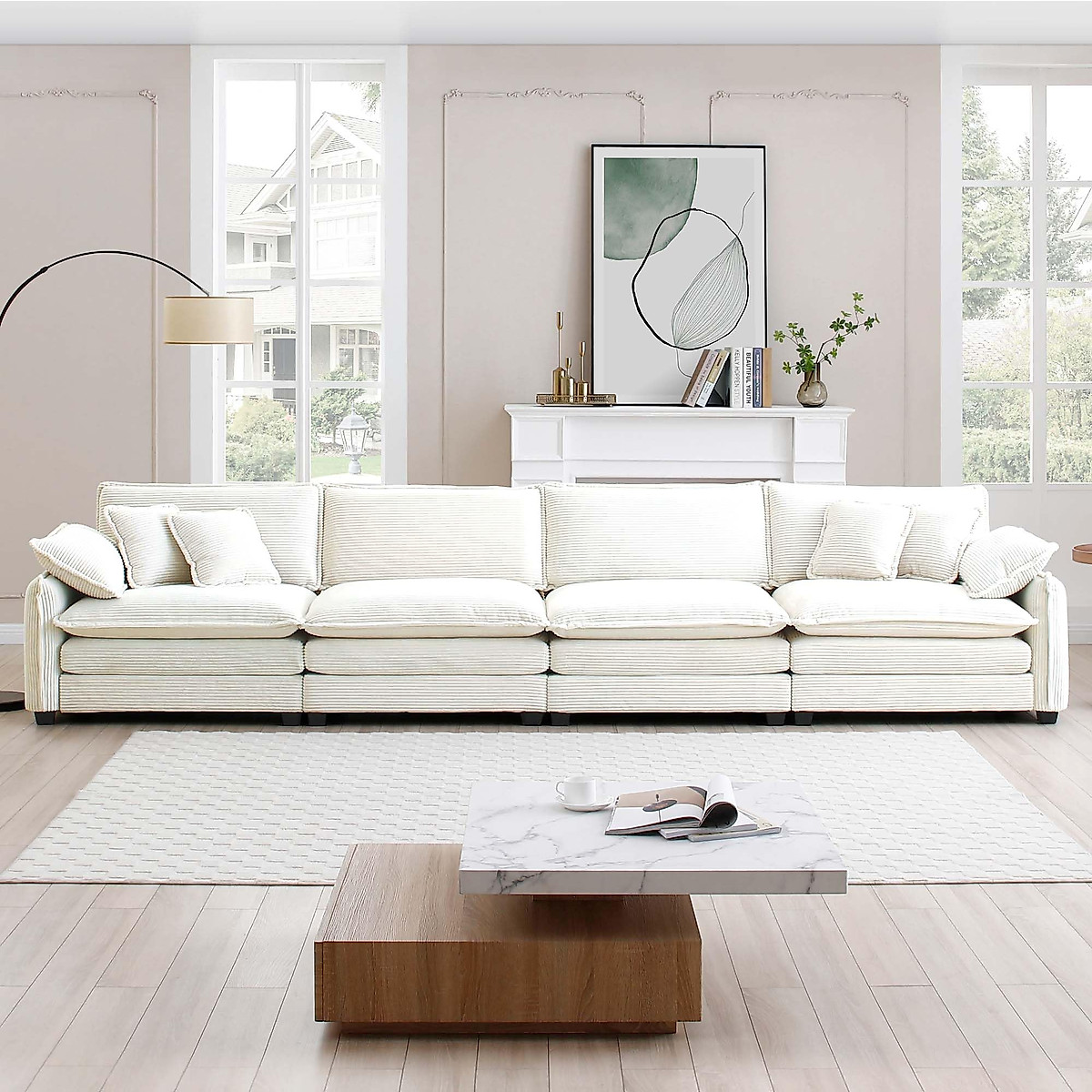 Aoowow Modern Modular Sectional Sofa,150.4 Inch Corduroy Upholstered 4-Seater Sofa Comfy Cloud Deep Seat Couches with 4 Throw Pillows and 2 Armrest Pillows for Living Room Bedroom Apartment(Beige)