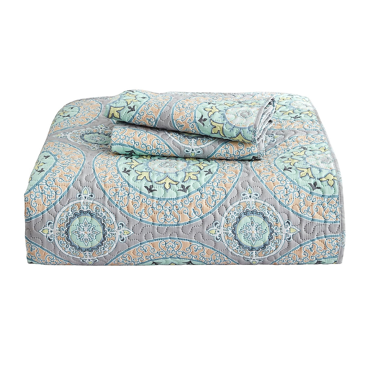 CHIXIN Boho Quilt King Size - Bohemian Chic Medallion Design - Lightweight Bedspread Coverlet Set, Ultrasonic Quilting Mandala Bedding Cover for All Season, 3 Piece, Aqua Blue