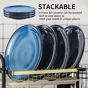 Hasense Ceramic Dinner Plates Set of 4,10 Inch Large Porcelain Pasta and Salad Plates,Blue Stoneware Plate Set Microwave,Oven,and Dishwasher Safe