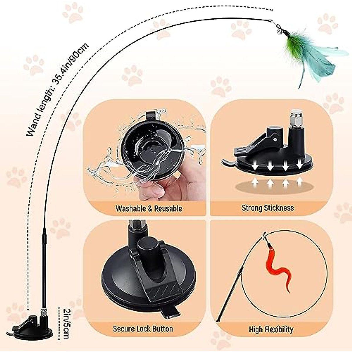 Cat Feather Toys, Interactive Cat Wand Toys with Super Suction Cup, Detachable 6 PCS Feather Refills Tail Bird Feathers with Bell, Cat Teaser Wand for Indoor Cats Kitten Play Chase Exercise (Set 1)