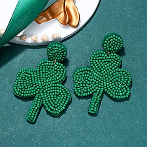 St. Patrick's Day Earrings Beaded Green Shamrock Earrings Handmade Lucky Leaf Drop Dangle Earring for Women Funny Irish Holiday Jewelry Gifts (Leaf 2)