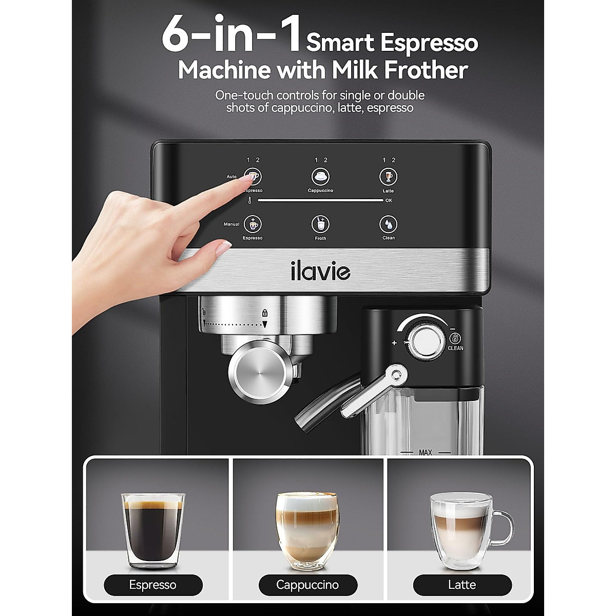 ILAVIE Espresso Machine Cappuccino Latte Coffee Espresso Maker, Auto Milk Frother for Smooth Milk Bubbles, Detachable Milk reservoir, 20 Bar High Pressure