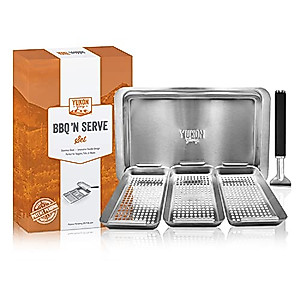 Yukon Glory BBQ 'N SERVE Grill Basket Set - Includes 3 Grilling Baskets a Serving Tray & Clip-on Handle - Patent Grill to Table Design Perfect For Grilling Fish Veggies & Meats
