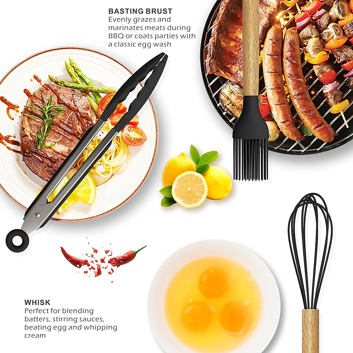 Silicone Cooking Utensils Set - 446°F Heat Resistant Silicone Kitchen Utensils for Cooking,Kitchen Utensil Spatula Set w Wooden Handles and Holder, BPA FREE Gadgets for Non-Stick Cookware (Black)