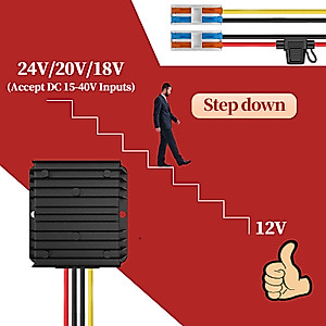 24VDC to 12VDC Converter 15A 180W, 18V to 12V Converter with Fuse Waterproof and Wire Terminal Block, Converter 24V to 12V for Cart LED Light Truck Vehicle Boat Solar System (Accept DC 15-40V Inputs)