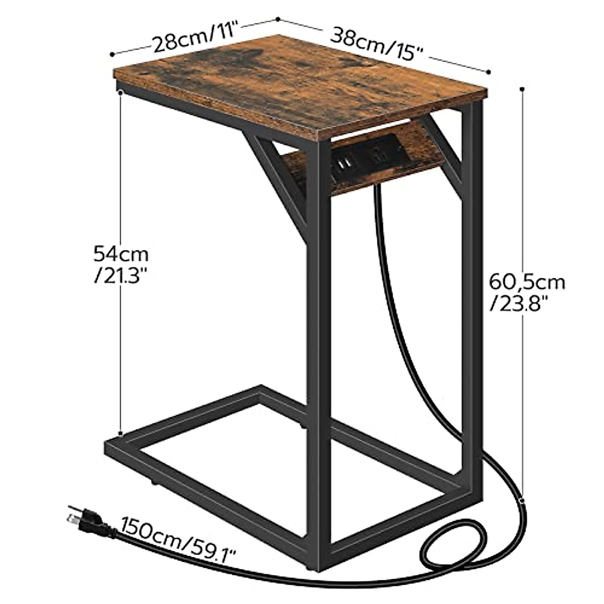 HOOBRO C Shaped End Table with Charging Station, Retro Sofa Couch Side Table, Narrow Nightstand for Small Space, Living Room, Bedroom, Rustic Brown and Black BF07USF01