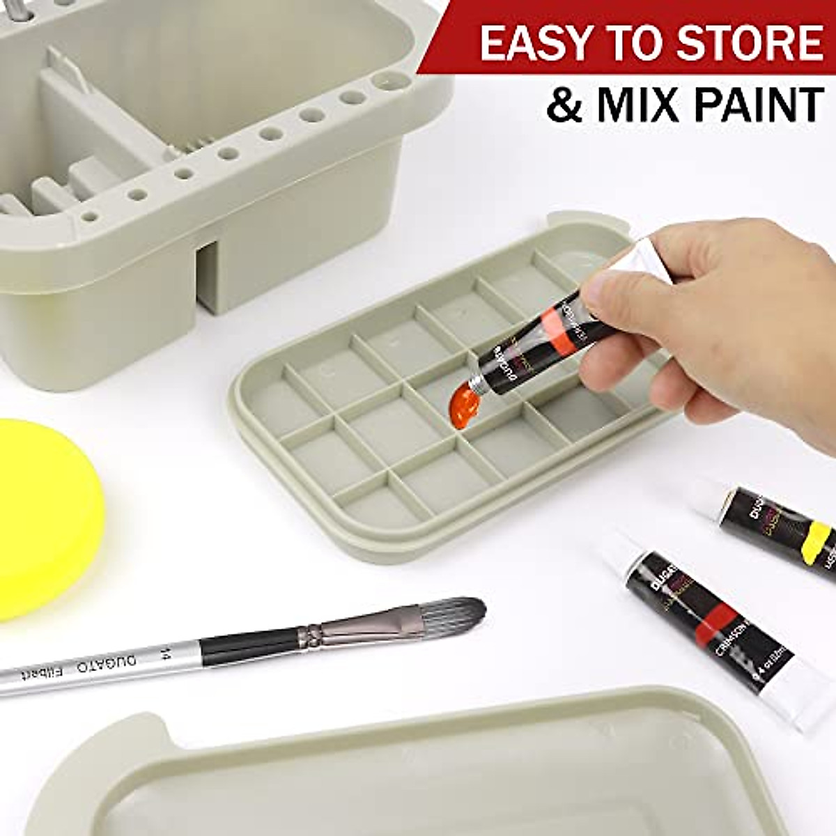 DUGATO Paint Brush Cleaner Washer, Multifunction Painting Brush Basin Holder and Organizer width Tray Palette Lid & 2 Art Sponges for Acrylic, Watercolor, Oil, Gouache Painting